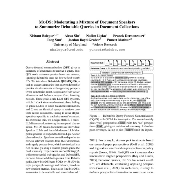 MoDS: Moderating a Mixture of Document Speakers to Summarize Debatable Queries in Document ...