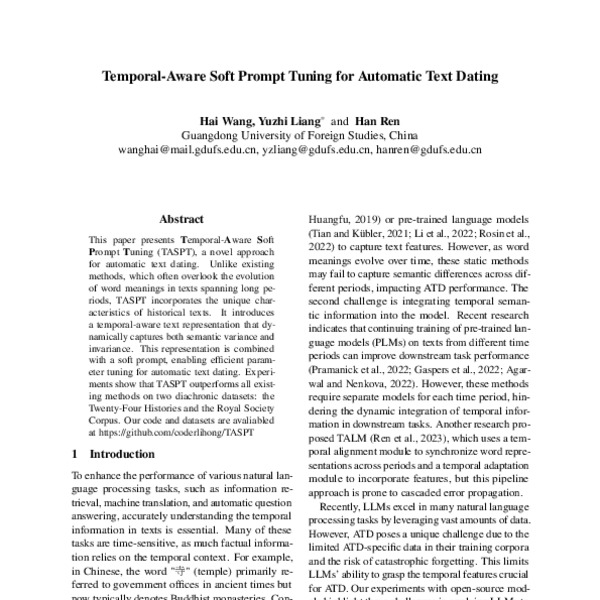 Temporal-Aware Soft Prompt Tuning for Automatic Text Dating - ACL Anthology