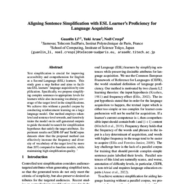 Aligning Sentence Simplification with ESL Learner’s Proficiency for Language Acquisition - ACL ...