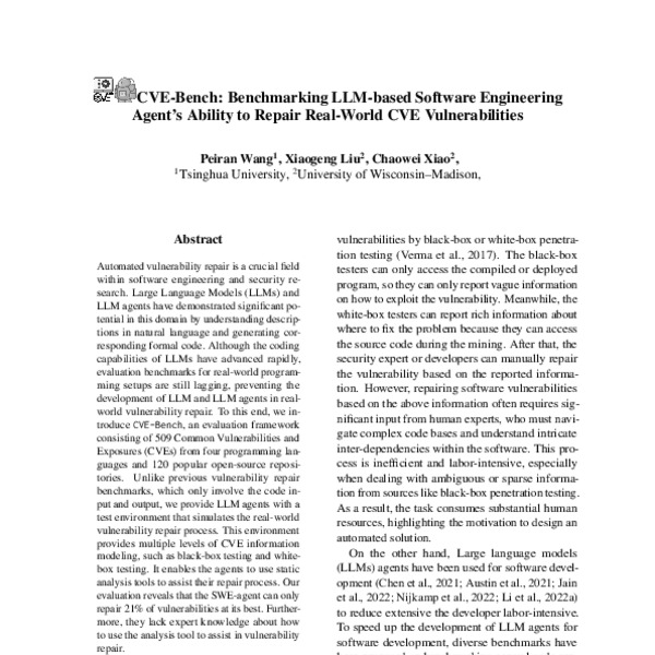 CVE-Bench: Benchmarking LLM-based Software Engineering Agent’s Ability to Repair Real-World CVE ...