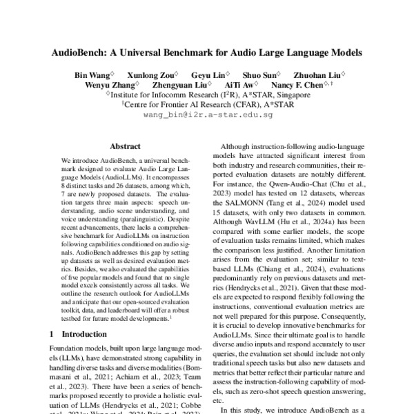 AudioBench: A Universal Benchmark for Audio Large Language Models - ACL Anthology