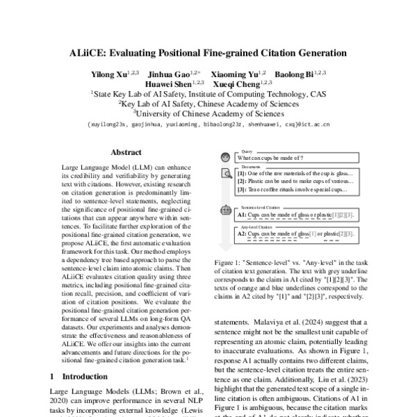 ALiiCE: Evaluating Positional Fine-grained Citation Generation - ACL Anthology