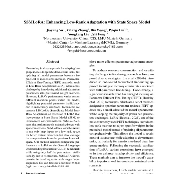 SSMLoRA: Enhancing Low-Rank Adaptation with State Space Model - ACL Anthology