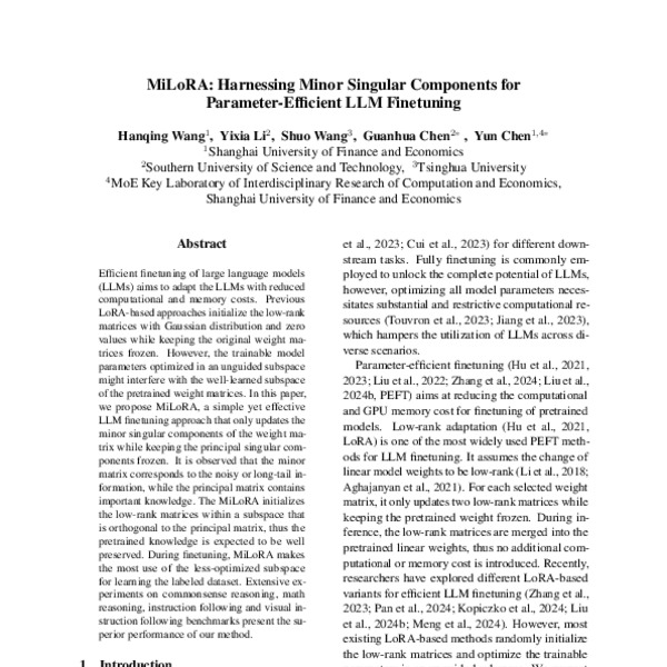 MiLoRA: Harnessing Minor Singular Components for Parameter-Efficient LLM Finetuning - ACL Anthology