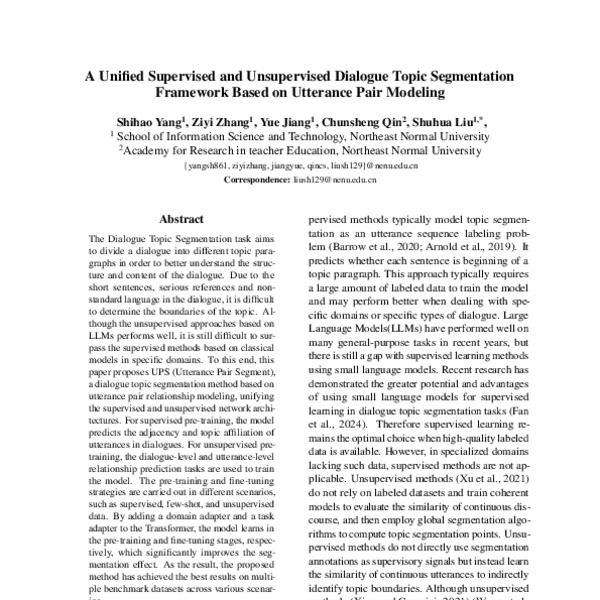 A Unified Supervised and Unsupervised Dialogue Topic Segmentation Framework Based on Utterance ...