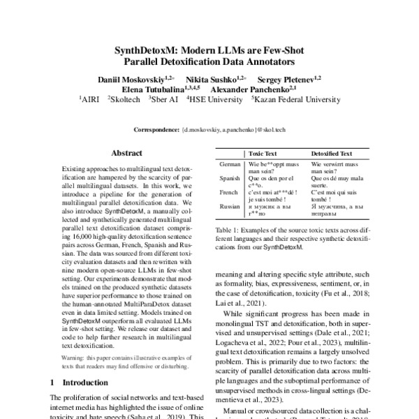 SynthDetoxM: Modern LLMs are Few-Shot Parallel Detoxification Data Annotators - ACL Anthology