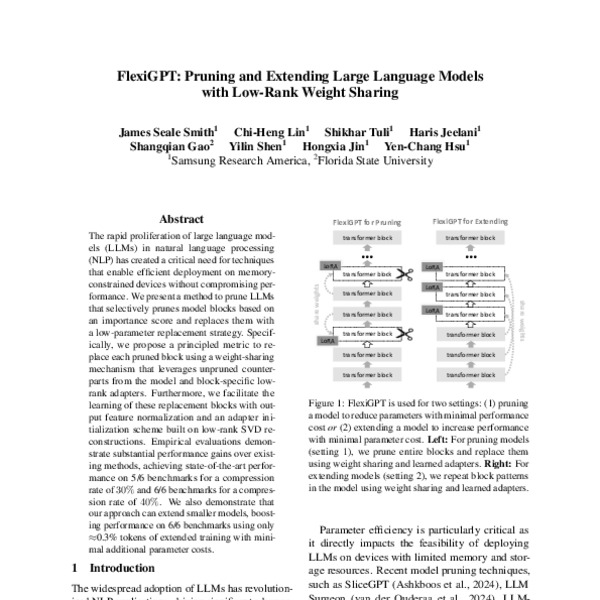 FlexiGPT: Pruning and Extending Large Language Models with Low-Rank Weight Sharing - ACL Anthology