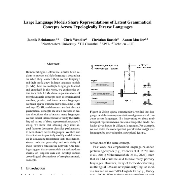 Large Language Models Share Representations of Latent Grammatical Concepts Across Typologically ...