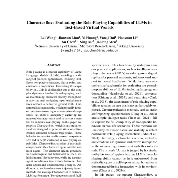 CharacterBox: Evaluating the Role-Playing Capabilities of LLMs in Text-Based Virtual Worlds ...