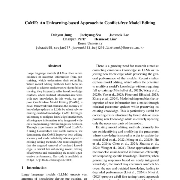 CoME: An Unlearning-based Approach to Conflict-free Model Editing - ACL Anthology
