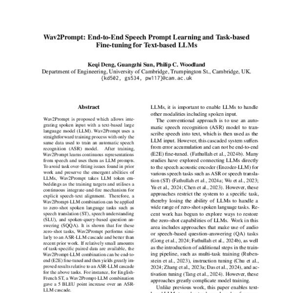 Wav2Prompt: End-to-End Speech Prompt Learning and Task-based Fine-tuning for Text-based LLMs ...