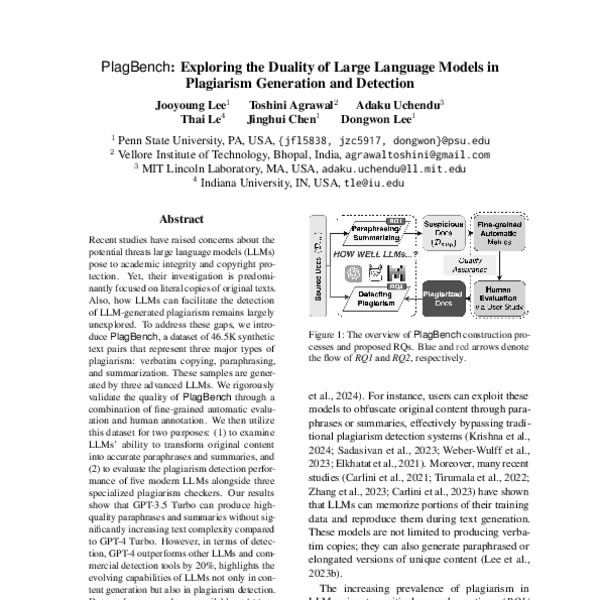 PlagBench: Exploring the Duality of Large Language Models in Plagiarism Generation and Detection ...