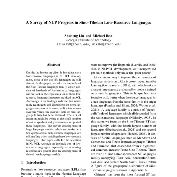 A Survey of NLP Progress in Sino-Tibetan Low-Resource Languages - ACL Anthology