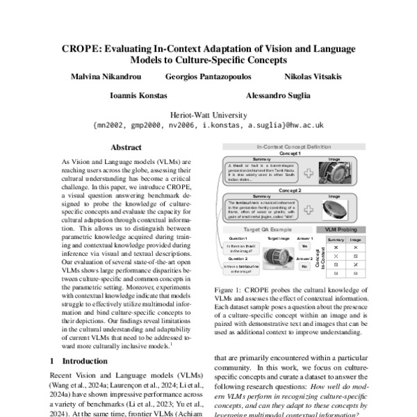 CROPE: Evaluating In-Context Adaptation of Vision and Language Models to Culture-Specific ...
