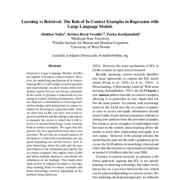 Learning vs Retrieval: The Role of In-Context Examples in Regression with Large Language Models ...