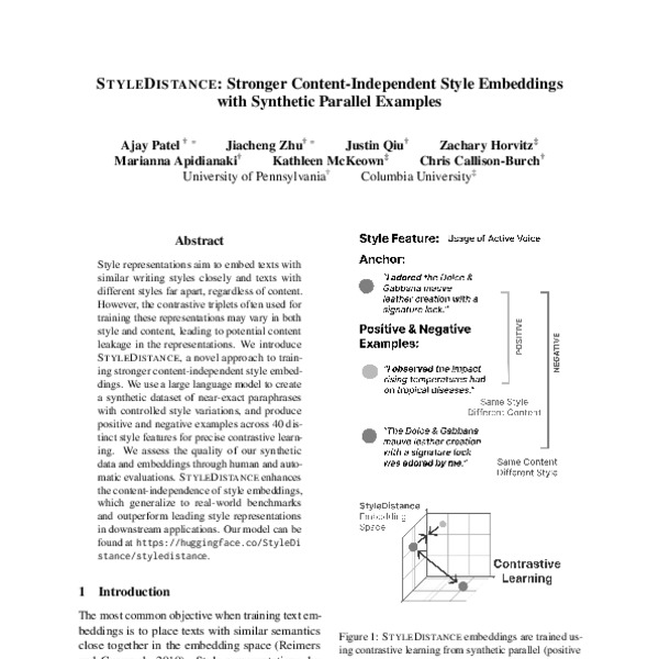 StyleDistance: Stronger Content-Independent Style Embeddings with Synthetic Parallel Examples ...