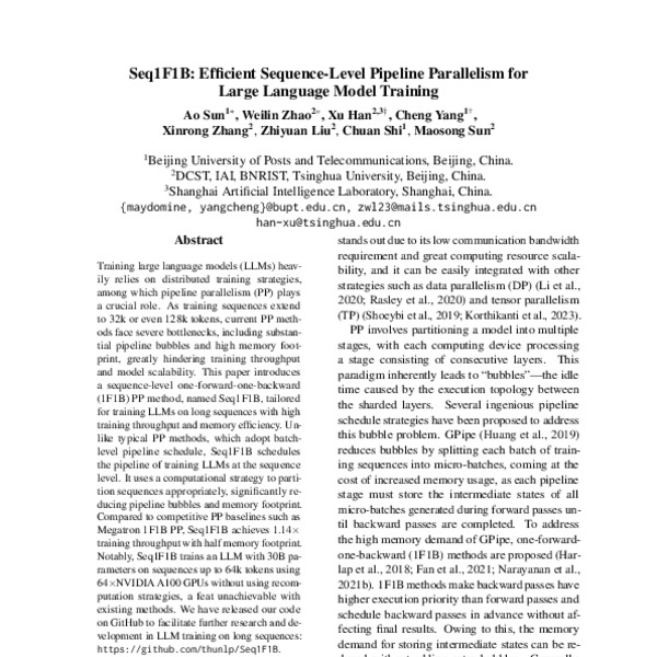 Seq1F1B: Efficient Sequence-Level Pipeline Parallelism for Large Language Model Training - ACL ...