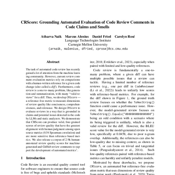 CRScore: Grounding Automated Evaluation of Code Review Comments in Code Claims and Smells - ACL ...