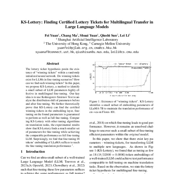 KS-Lottery: Finding Certified Lottery Tickets for Multilingual Transfer ...