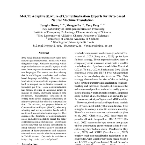 MoCE: Adaptive Mixture of Contextualization Experts for Byte-based Neural Machine Translation ...
