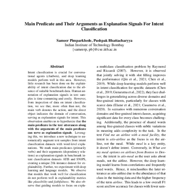 Main Predicate and Their Arguments as Explanation Signals For Intent Classification - ACL Anthology
