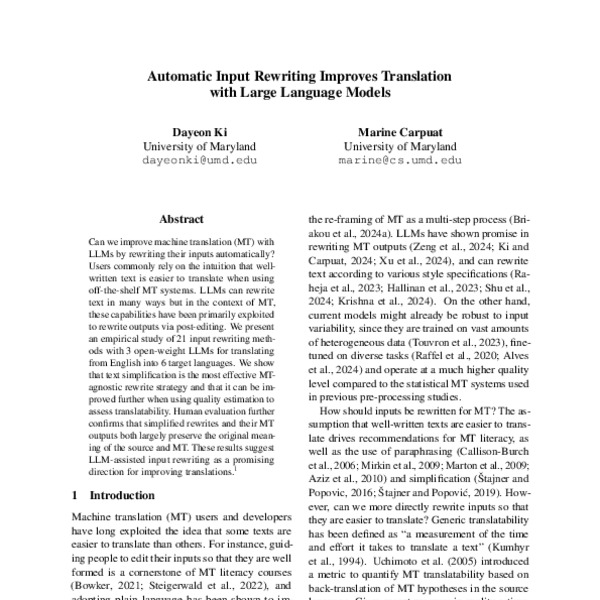 Automatic Input Rewriting Improves Translation with Large Language Models - ACL Anthology
