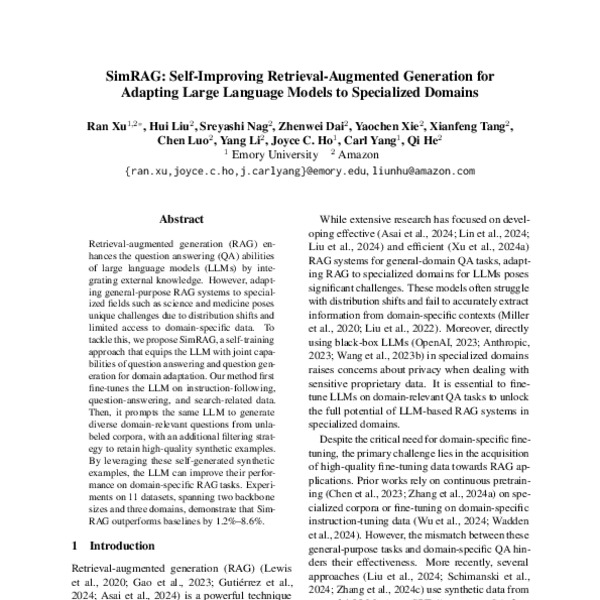 SimRAG: Self-Improving Retrieval-Augmented Generation for Adapting Large Language Models to ...