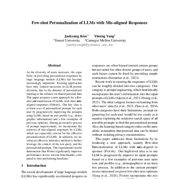 Few-shot Personalization of LLMs with Mis-aligned Responses - ACL Anthology
