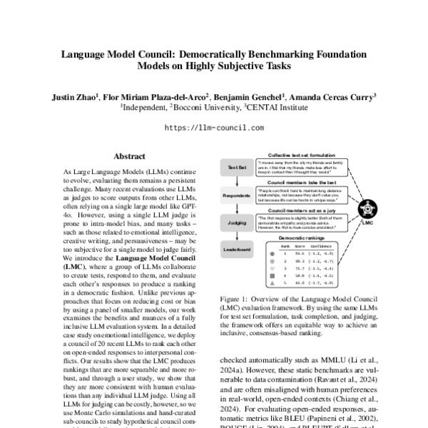 Language Model Council: Democratically Benchmarking Foundation Models on Highly Subjective Tasks ...