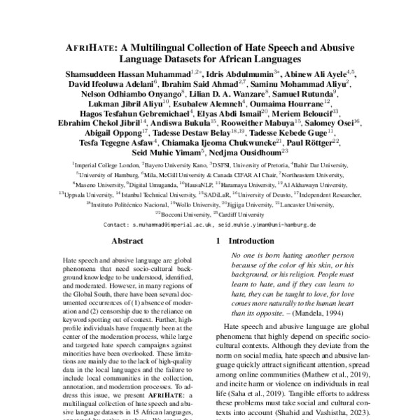 AfriHate: A Multilingual Collection of Hate Speech and Abusive Language Datasets for African ...