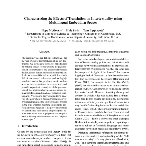 Characterizing the Effects of Translation on Intertextuality using Multilingual Embedding Spaces ...