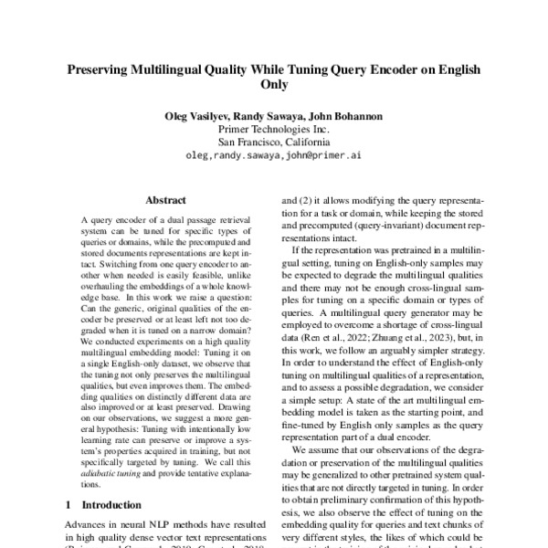 Preserving Multilingual Quality While Tuning Query Encoder on English ...