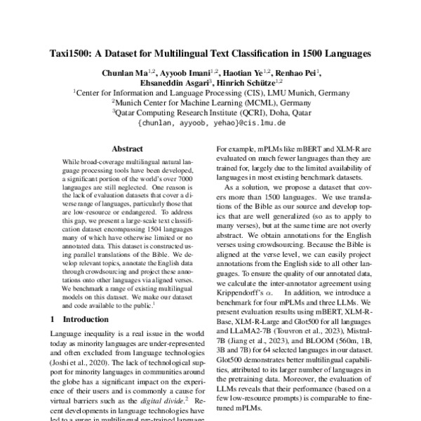 Taxi1500: A Dataset for Multilingual Text Classification in 1500 Languages - ACL Anthology