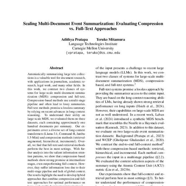 Scaling Multi-Document Event Summarization: Evaluating Compression vs ...