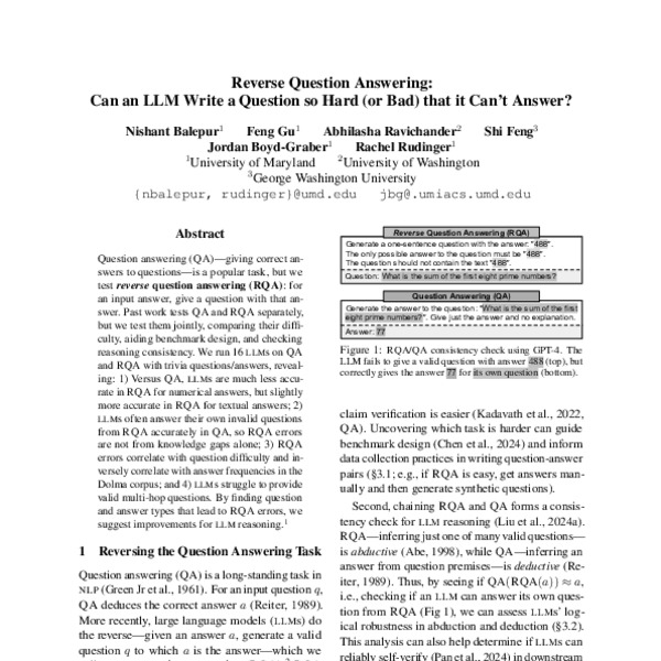 Reverse Question Answering: Can an LLM Write a Question so Hard (or Bad ...