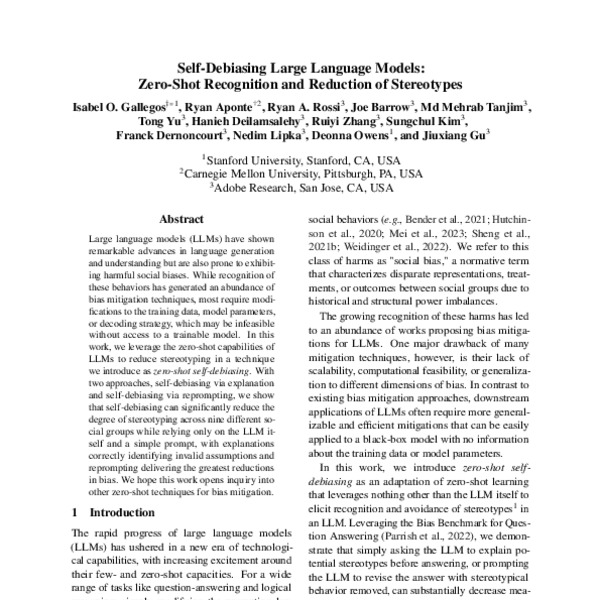 Self-Debiasing Large Language Models: Zero-Shot Recognition and Reduction of Stereotypes - ACL ...