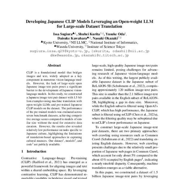 Developing Japanese CLIP Models Leveraging an Open-weight LLM for Large-scale Dataset ...
