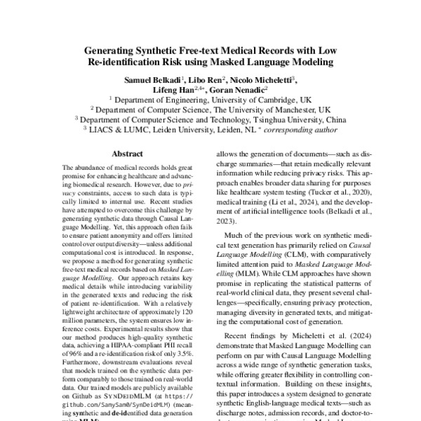 Generating Synthetic Free-text Medical Records with Low Re-identification Risk using Masked ...