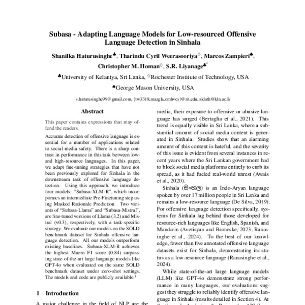 Subasa - Adapting Language Models for Low-resourced Offensive Language Detection in Sinhala ...