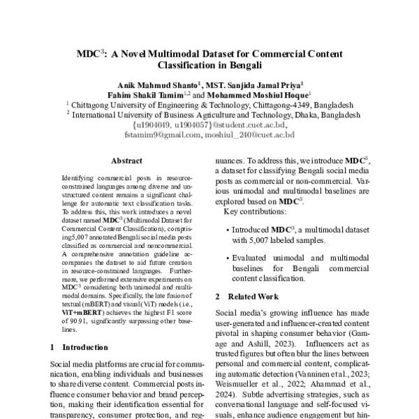 MDC3: A Novel Multimodal Dataset for Commercial Content Classification in Bengali - ACL Anthology