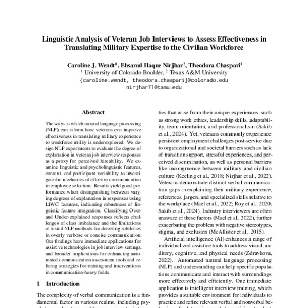 Linguistic Analysis of Veteran Job Interviews to Assess Effectiveness ...