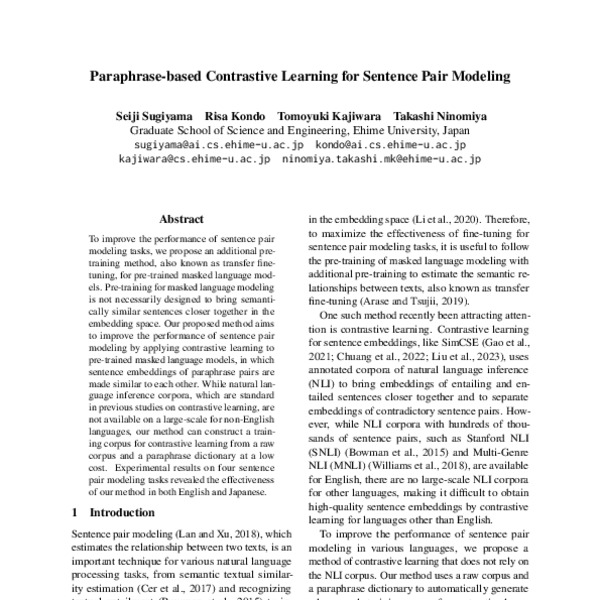 Paraphrase-based Contrastive Learning for Sentence Pair Modeling - ACL Anthology