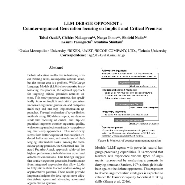 LLM DEBATE OPPONENT : Counter-argument Generation focusing on Implicit and Critical Premises ...