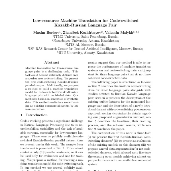 Low-resource Machine Translation for Code-switched Kazakh-Russian Language Pair - ACL Anthology
