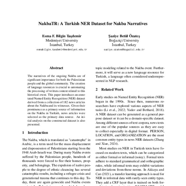 NakbaTR: A Turkish NER Dataset for Nakba Narratives - ACL Anthology