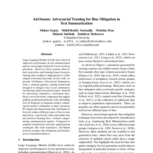 AdvSumm: Adversarial Training for Bias Mitigation in Text Summarization - ACL Anthology
