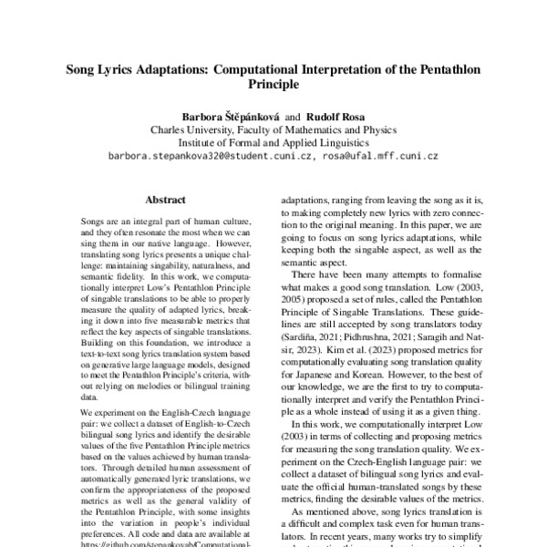 Song Lyrics Adaptations: Computational Interpretation of the Pentathlon ...