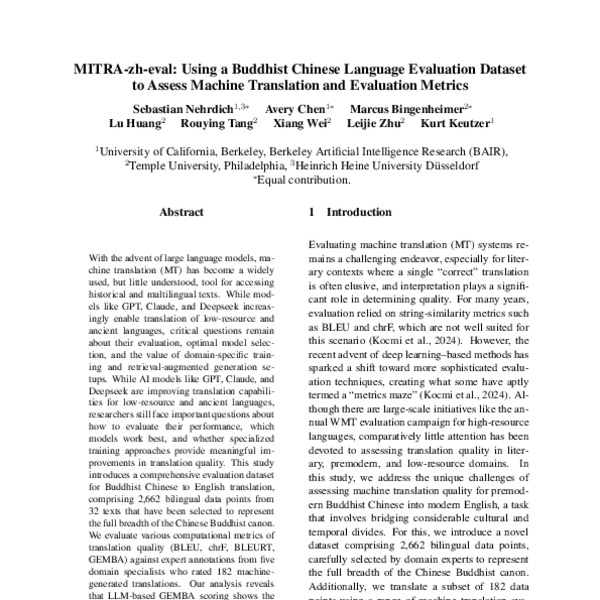 MITRA-zh-eval: Using a Buddhist Chinese Language Evaluation Dataset to Assess Machine ...