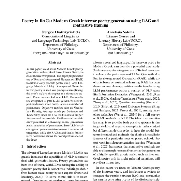 Poetry in RAGs: Modern Greek interwar poetry generation using RAG and ...