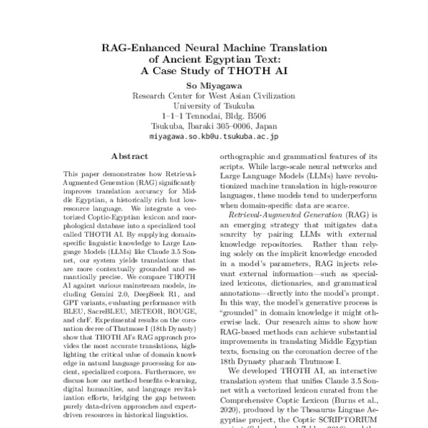 RAG-Enhanced Neural Machine Translation of Ancient Egyptian Text: A Case Study of THOTH AI - ACL ...